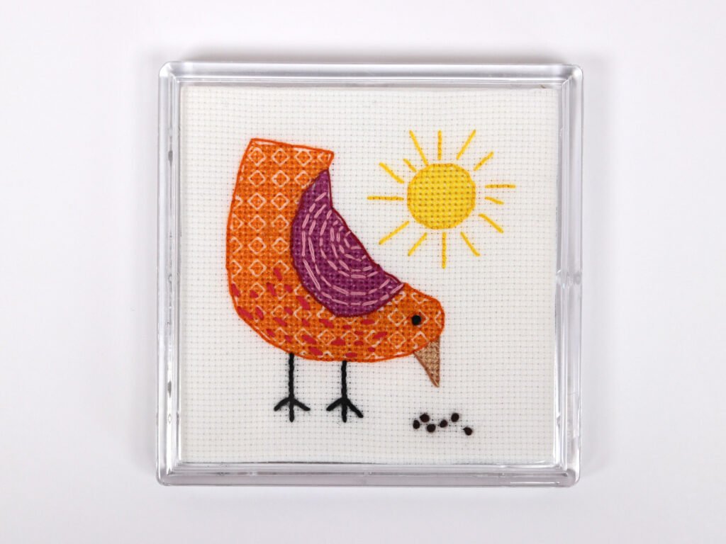 Mini Cute Pecking Bird Blackwork Embroidery Coaster Kit